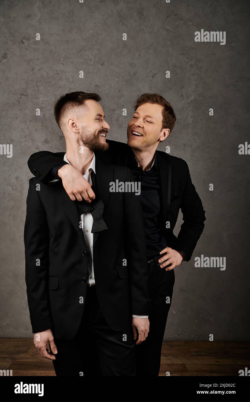 Two men in elegant suits share a loving gaze, reflecting deep affection ...