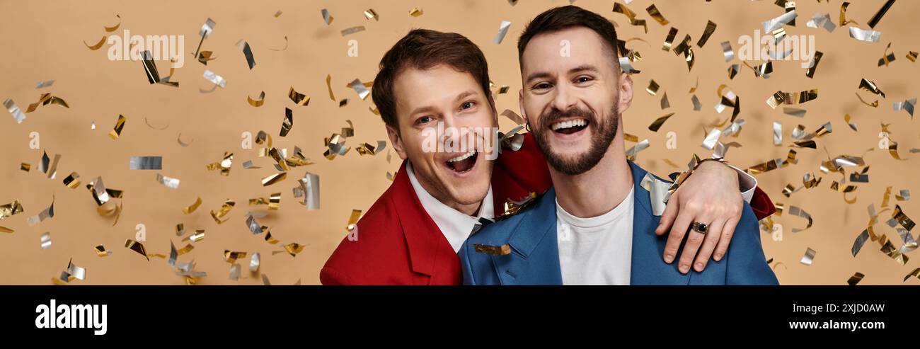 Two men in dapper suits, joyfully embrace amidst falling confetti Stock ...