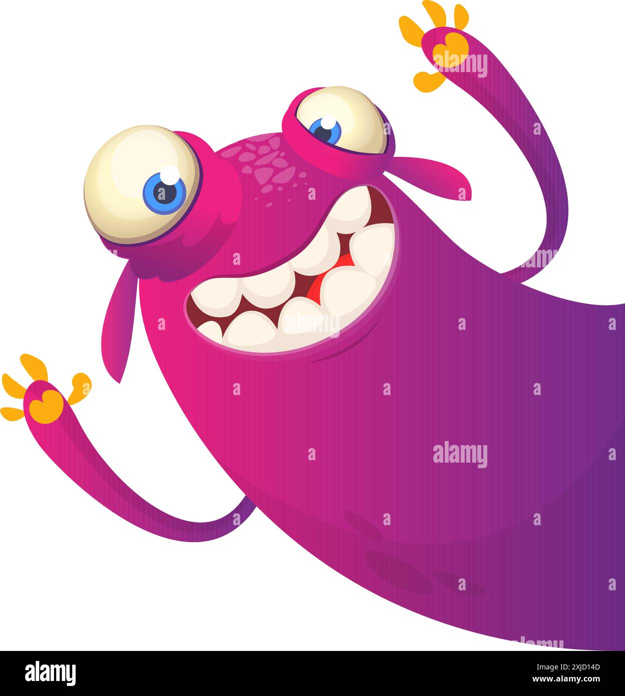 Cartoon scary monster with funny face expression waving hands . Vector ...