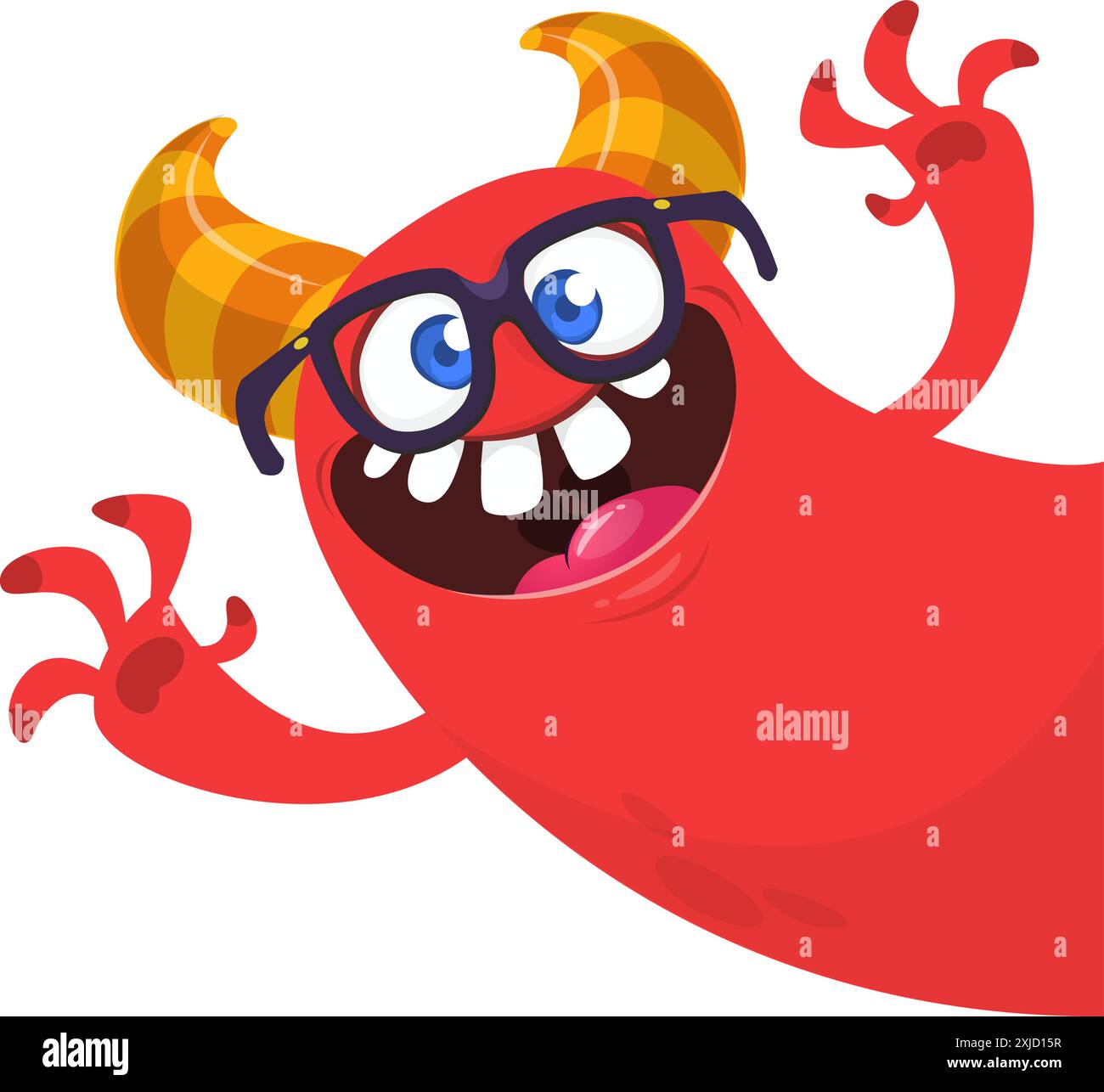 Cartoon scary monster with funny face expression waving hands . Vector ...