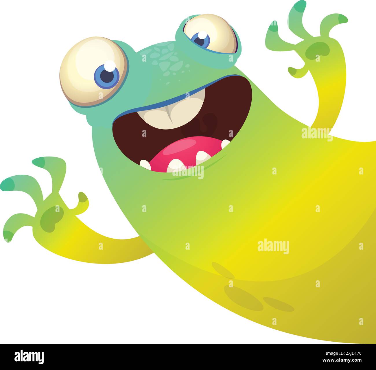 Cartoon scary monster with funny face expression waving hands . Vector ...