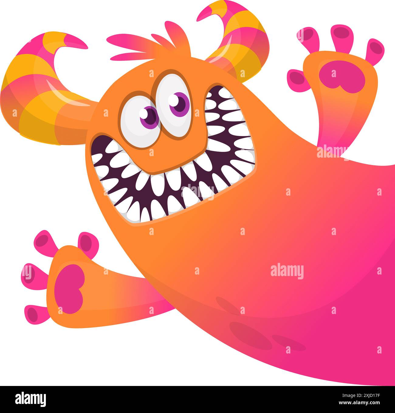 Cartoon scary monster with funny face expression waving hands . Vector ...