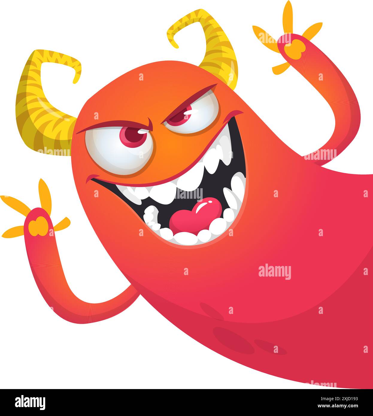Cartoon scary monster with funny face expression waving hands . Vector ...