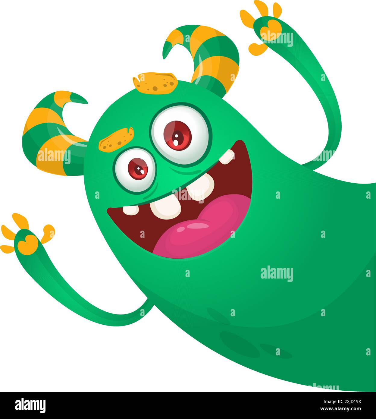 Cartoon scary monster with funny face expression waving hands . Vector ...