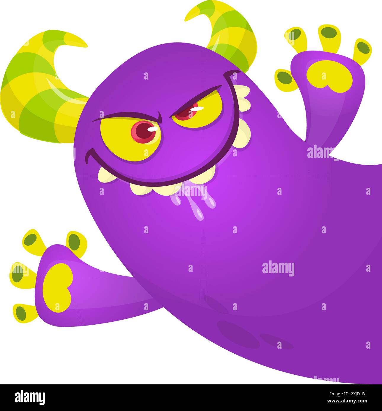 Cartoon scary monster with funny face expression waving hands . Vector ...