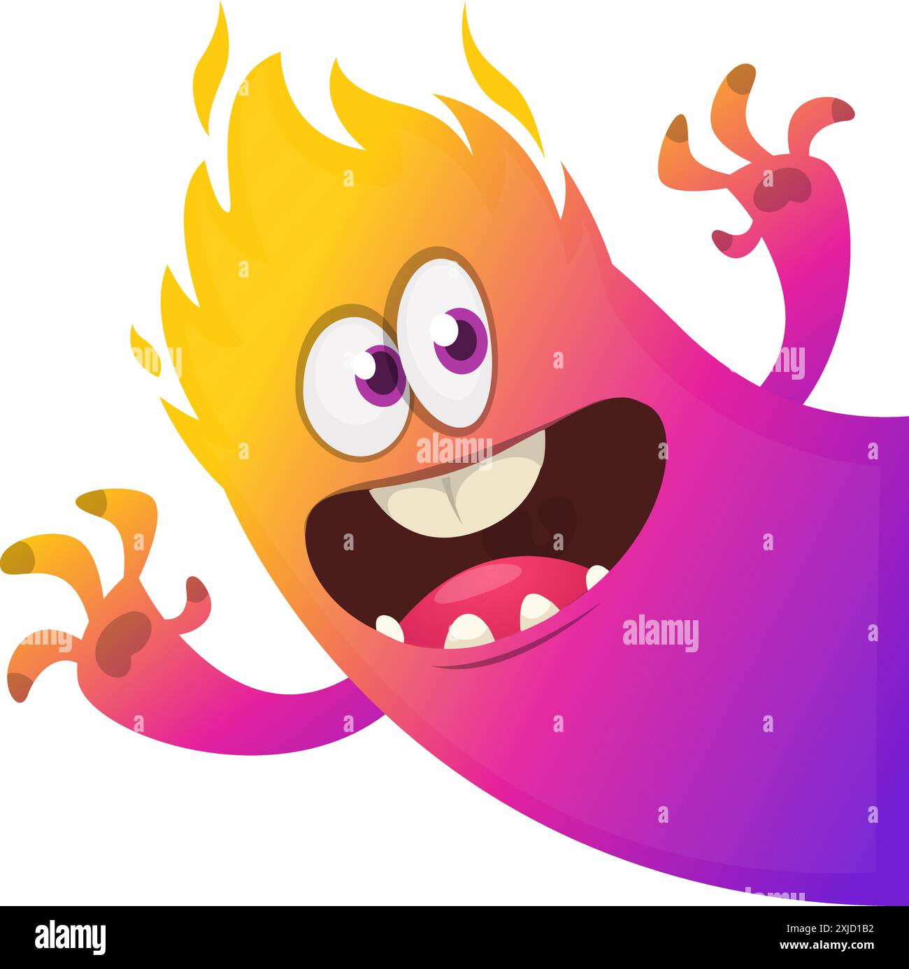 Cartoon scary monster with funny face expression waving hands . Vector ...