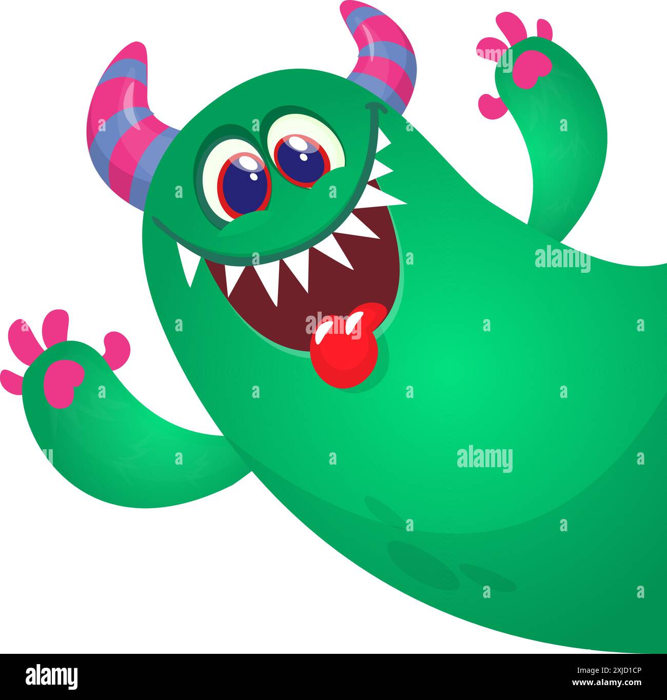 Cartoon scary monster with funny face expression waving hands . Vector ...