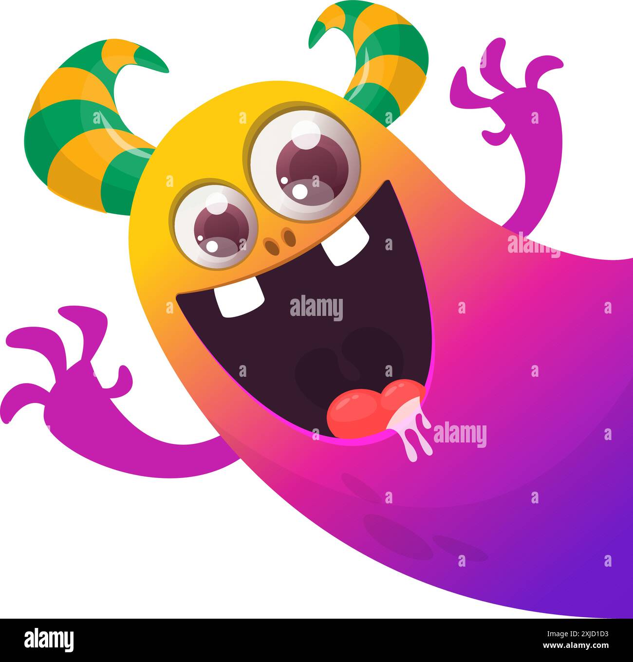 Cartoon scary monster with funny face expression waving hands . Vector ...