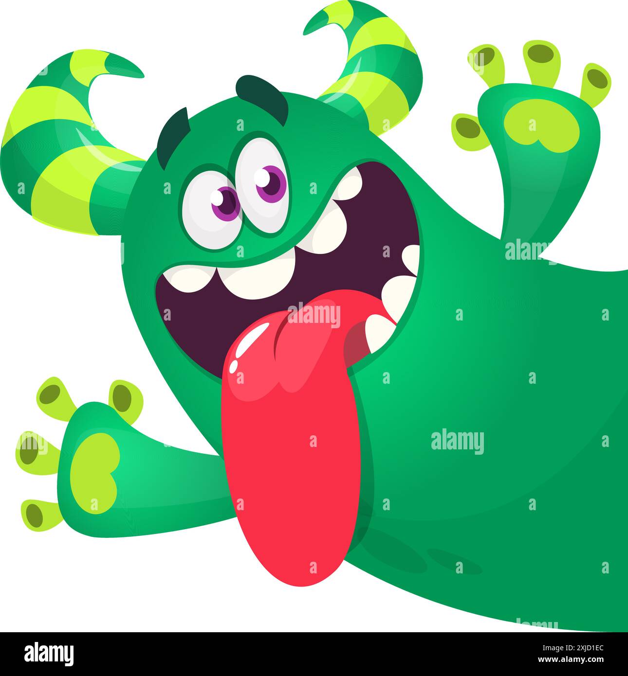Cartoon happy monster with long tongue sticking out of the mouth ...