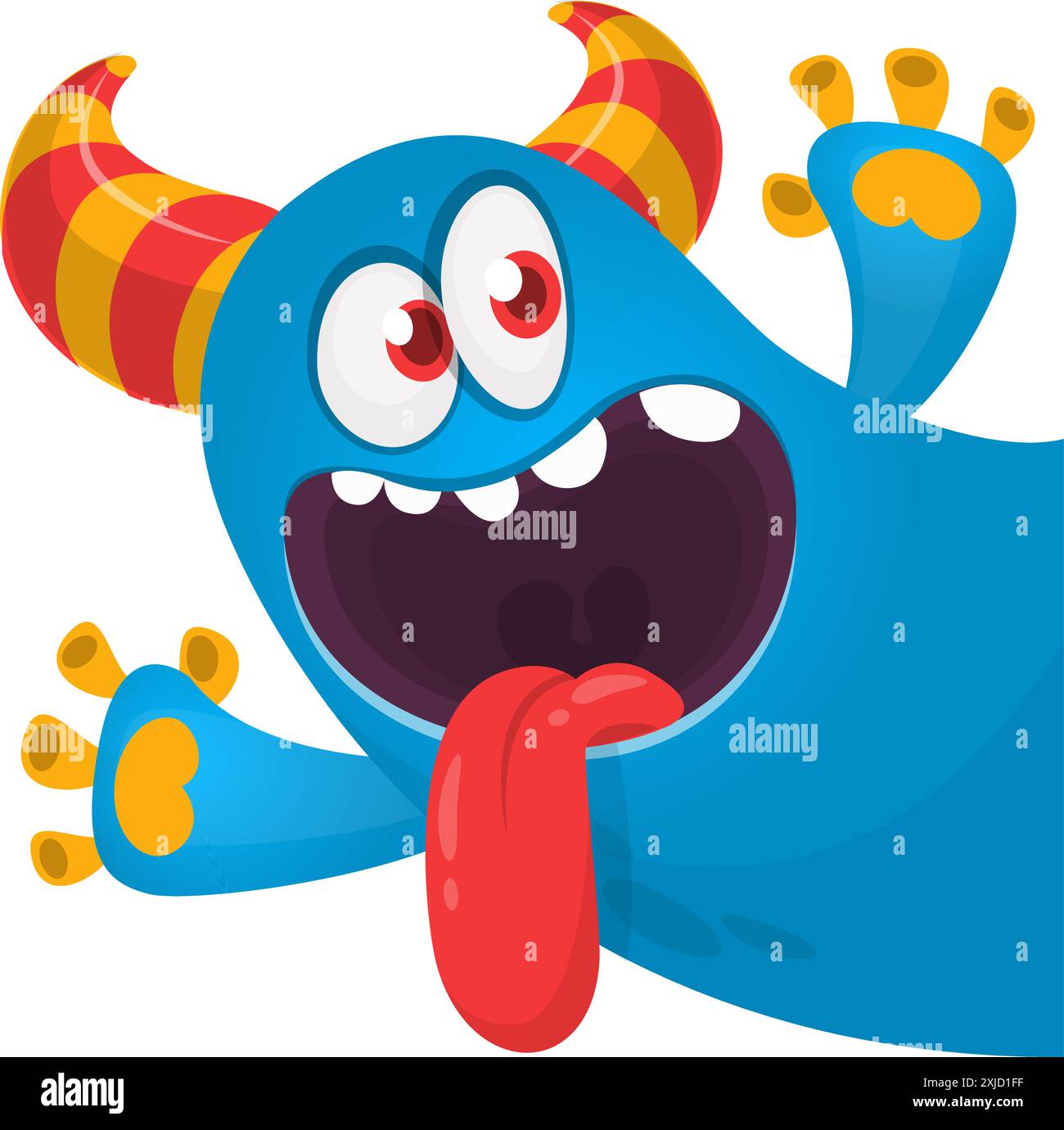 Cartoon happy monster with long tongue sticking out of the mouth ...