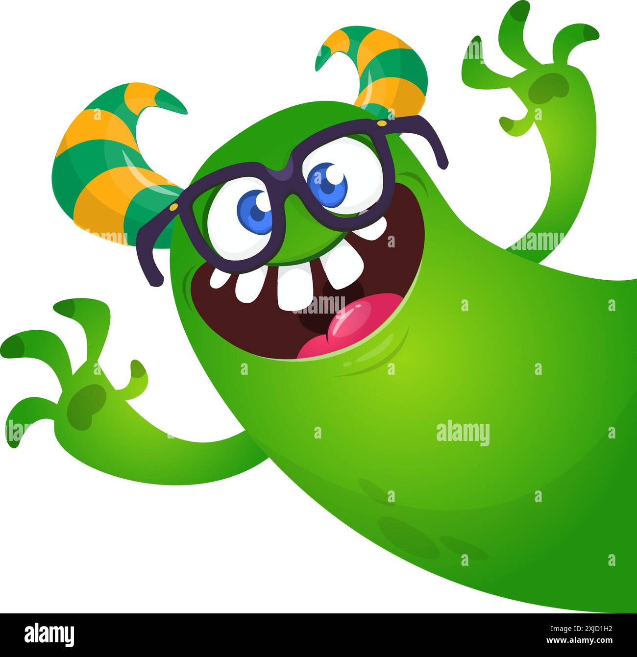 Cartoon scary monster with funny face expression waving hands . Vector ...