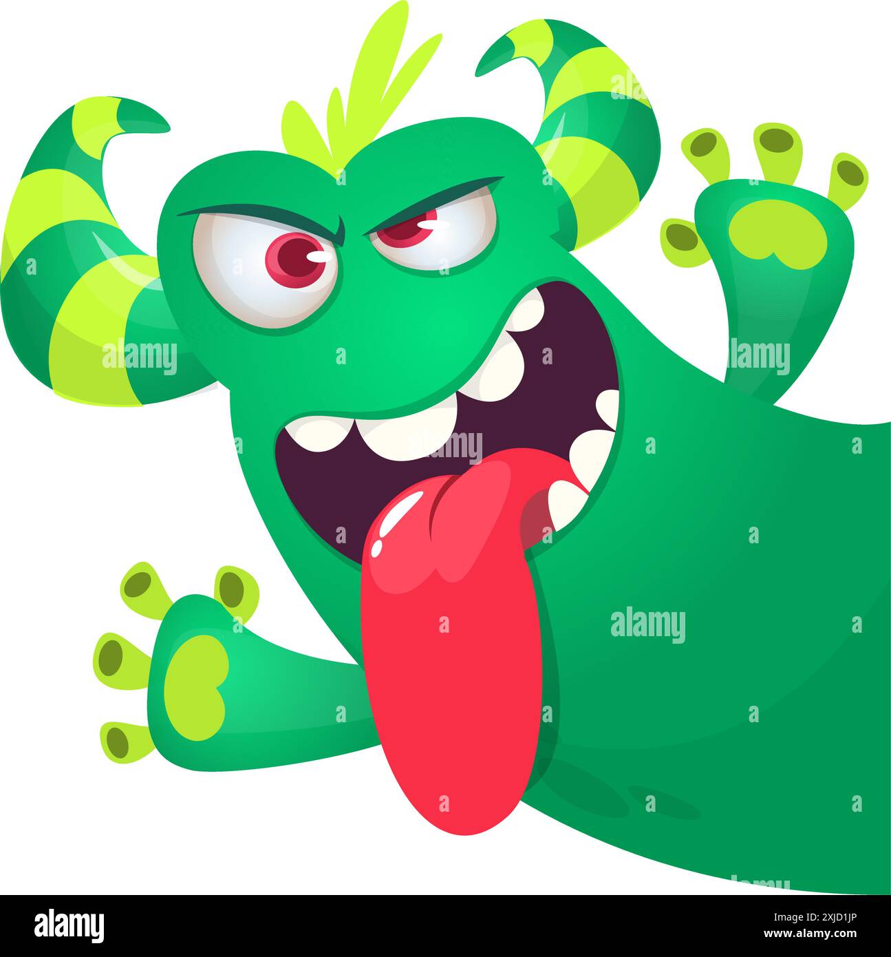 Cartoon scary monster with funny face expression waving hands . Vector ...