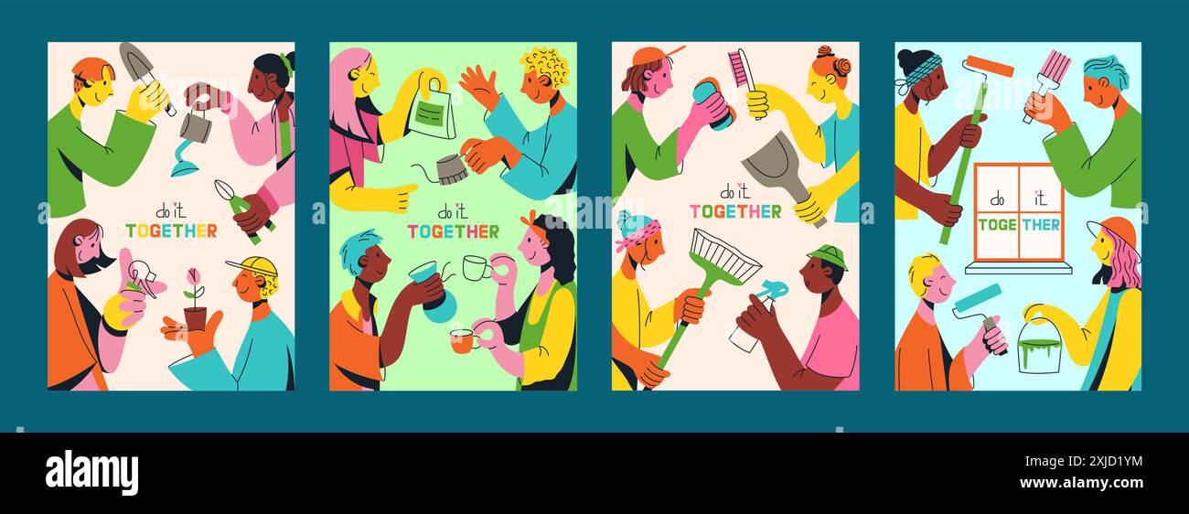 Set of posters with multicultural team of young people flat vector ...