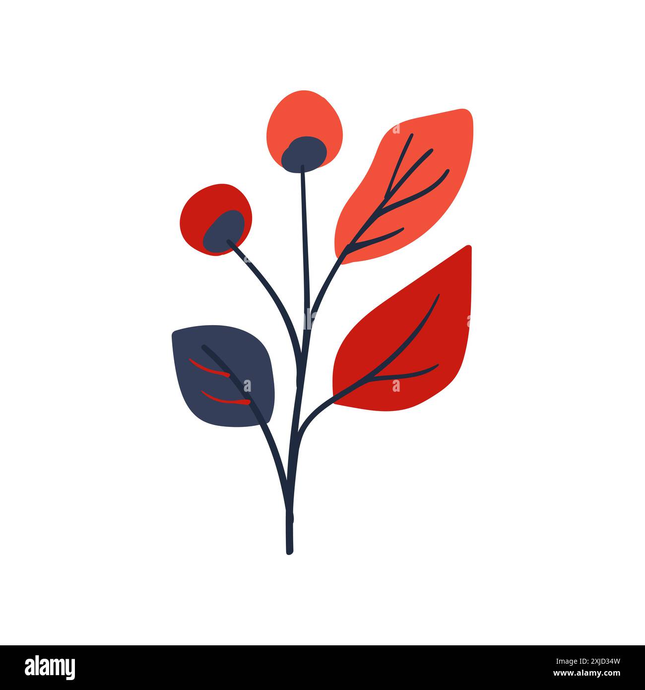 Folk plant. Simple red and blue leaf. Cartoon autumn botany. Minimalist ...