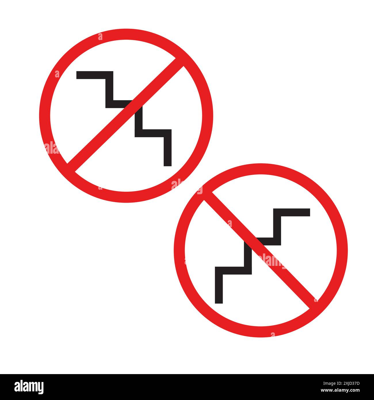 No stairs allowed icon. Two stair symbols. Red circle and line. Vector ...