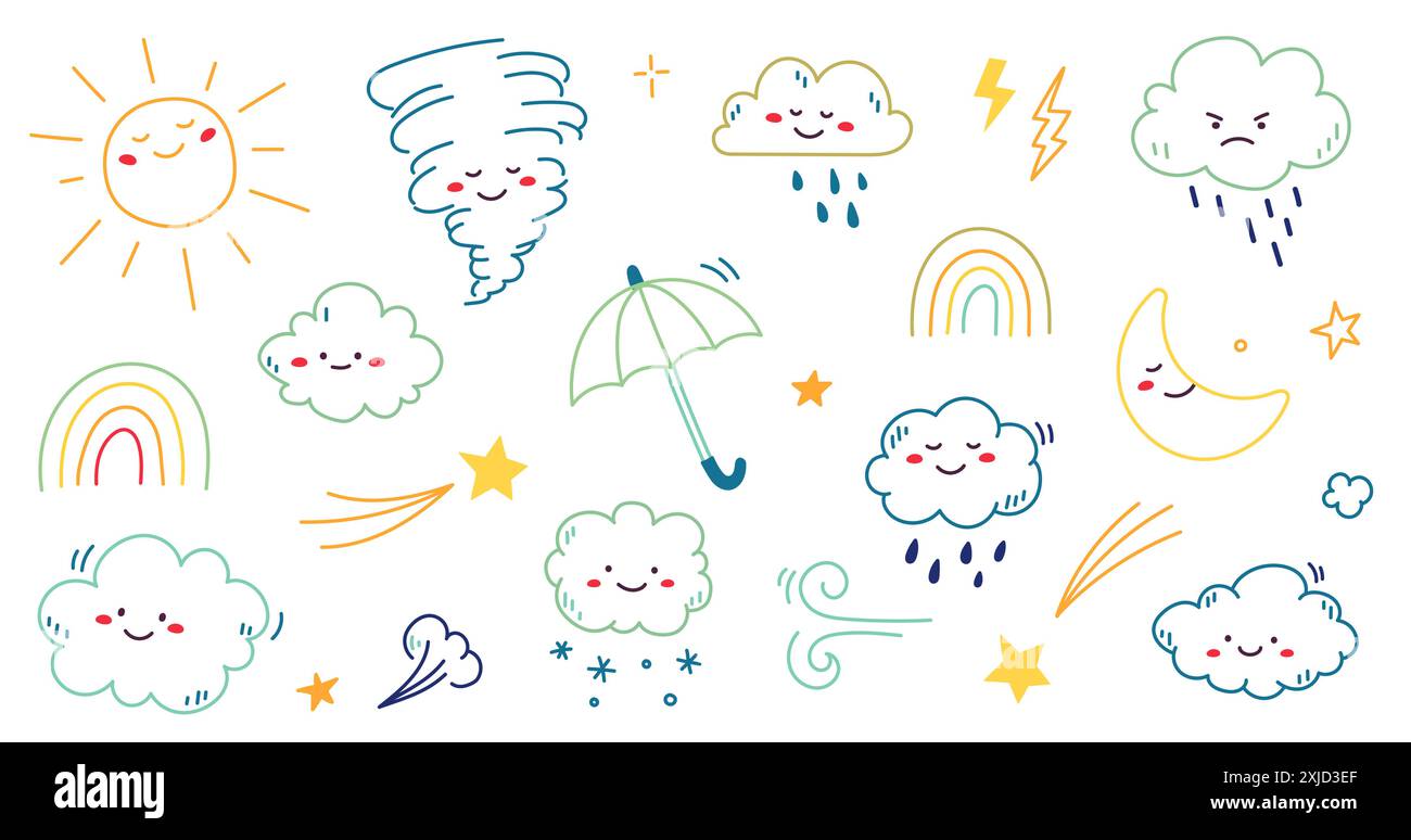 Cloud rain weather cartoon cute set. Cloud, sun, moon weather character ...