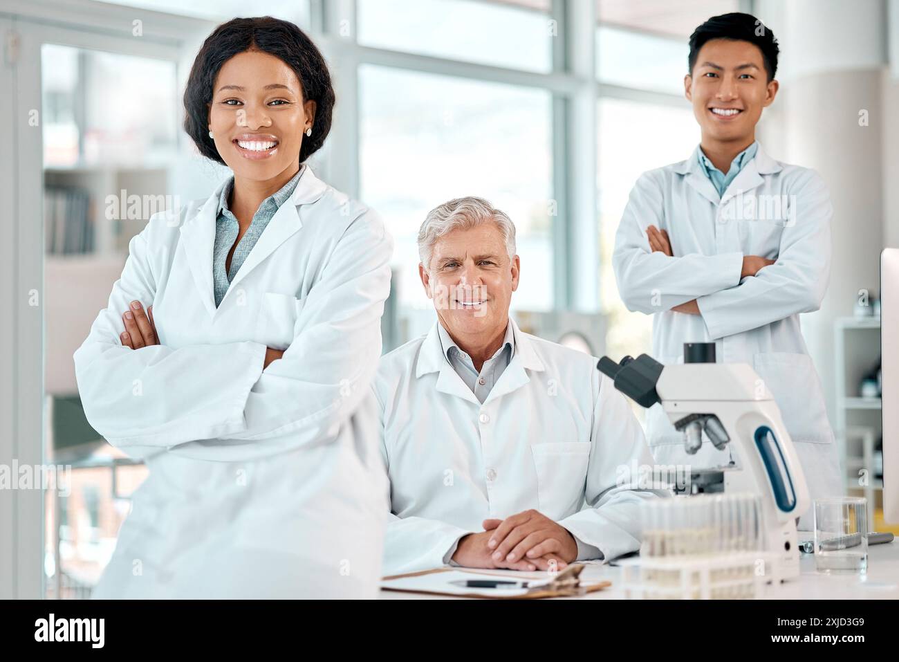 Science, team and portrait of people in laboratory for medical ...
