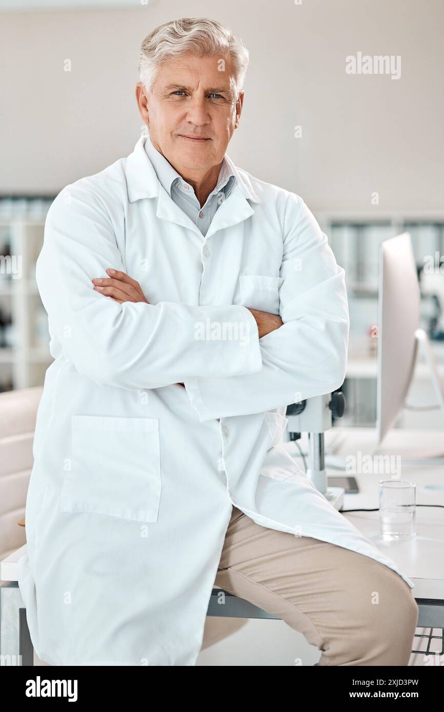 Mature scientist, man and portrait with arms crossed in lab for ...