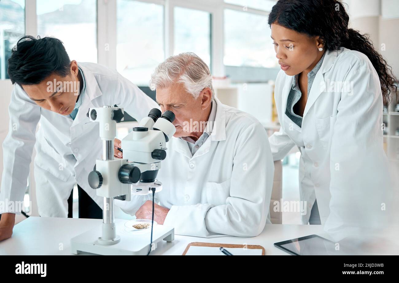 Science, team and people with research in laboratory for medical experiment, consulting and ...