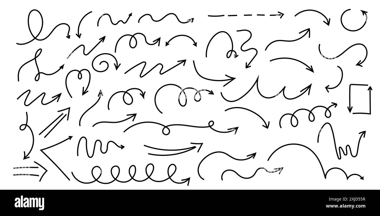 Spiral arrow doodle, wavy twist minimal squiggly line set. Curve comic ...