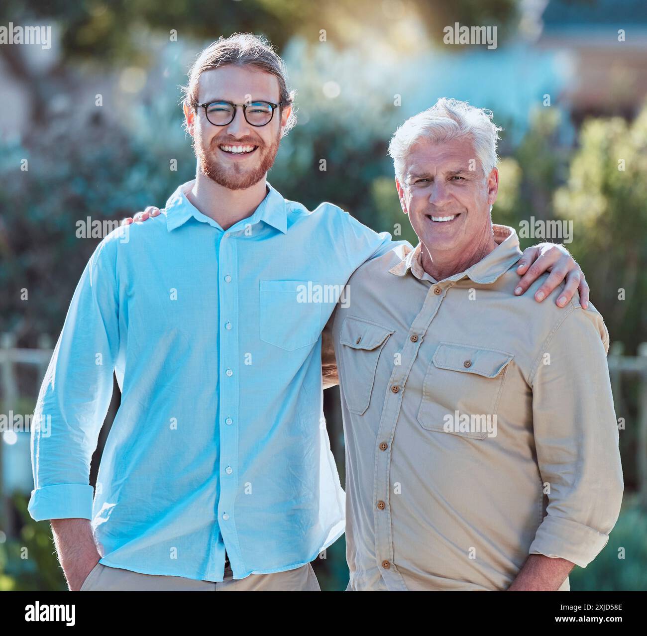 Senior father, man and together in portrait, outdoor and hug with smile ...