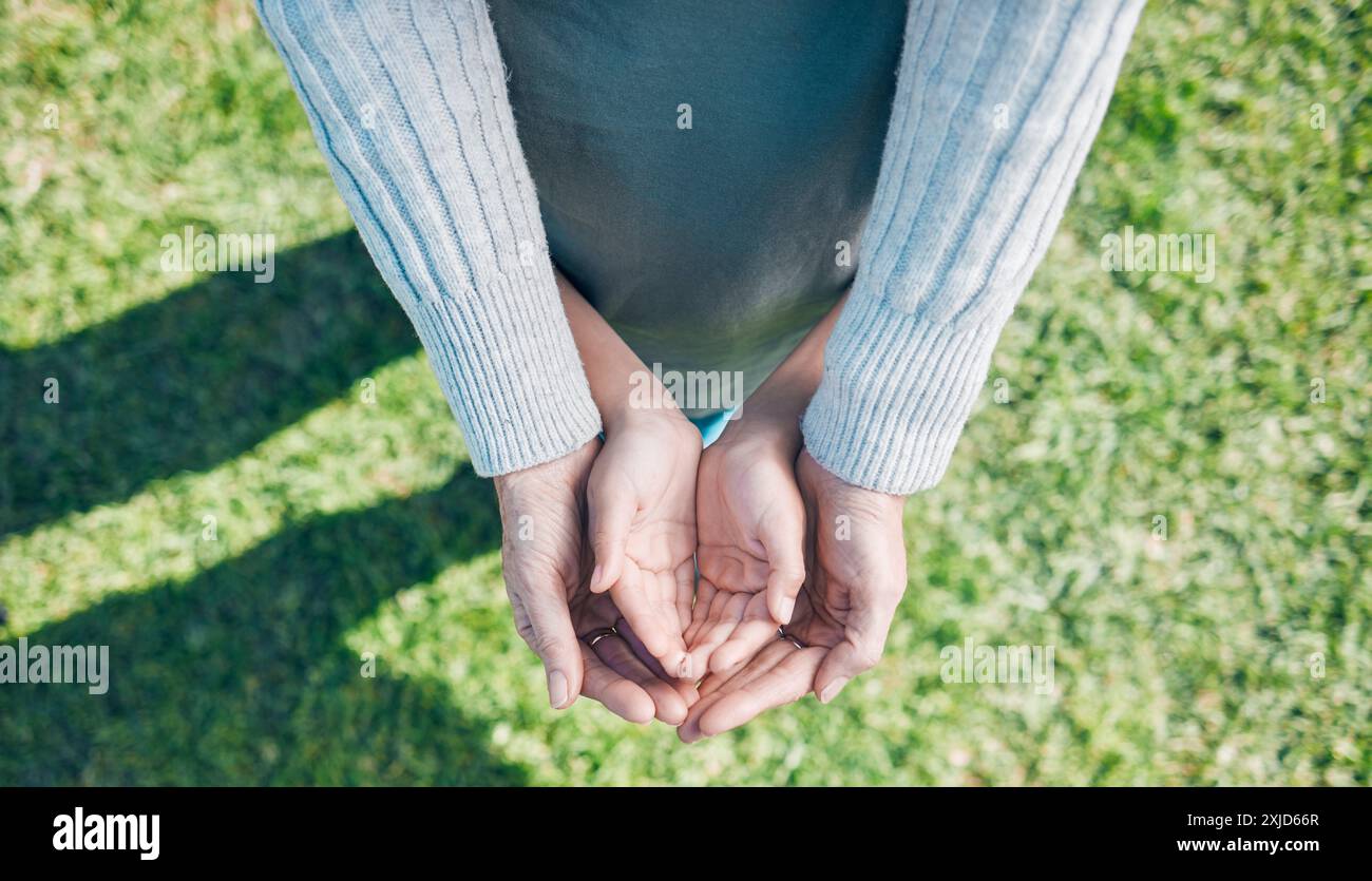 Family, support and kid with open hands in nature for gardening ...