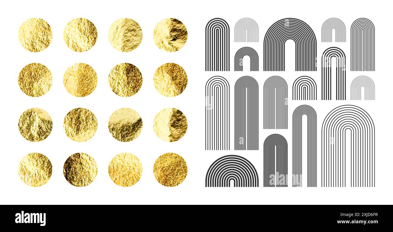 Mid century arch elements, modern geometric shapes. Gold foil, shiny ...
