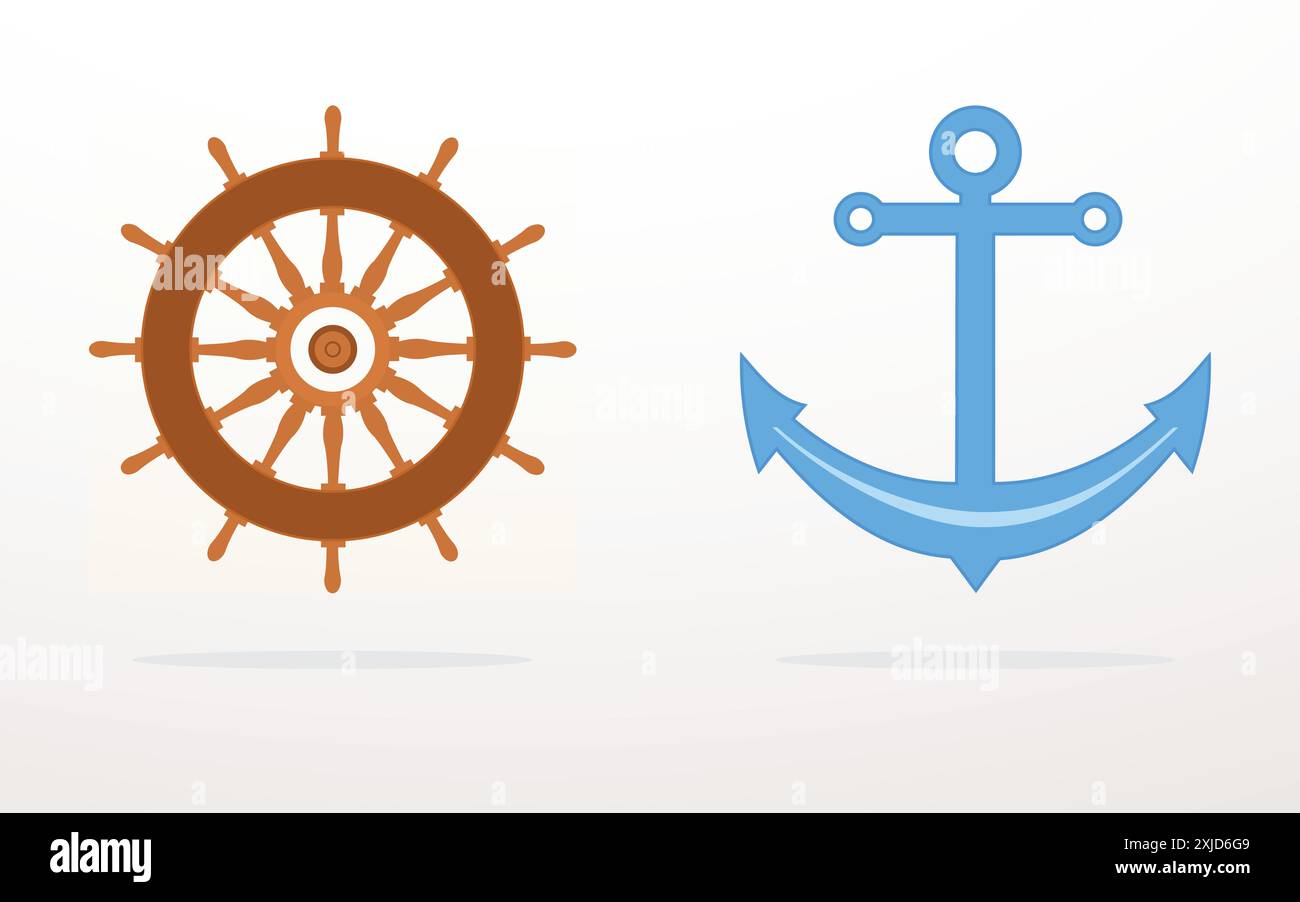 Ship steering wheel and nautical anchor isolated on white background ...