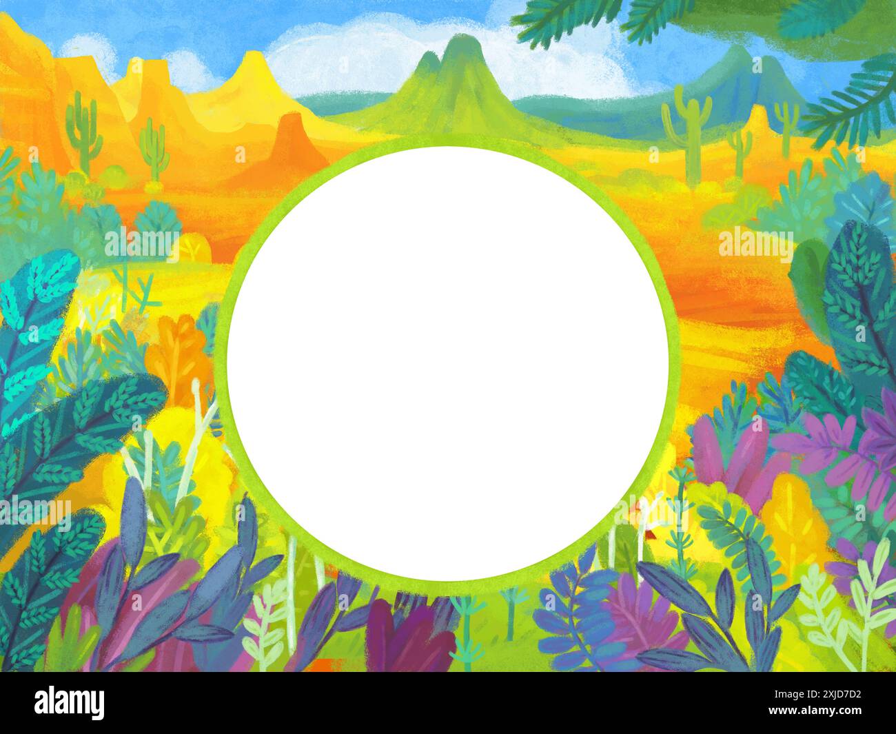 cartoon nature scene as frame border template with jungle forest ...