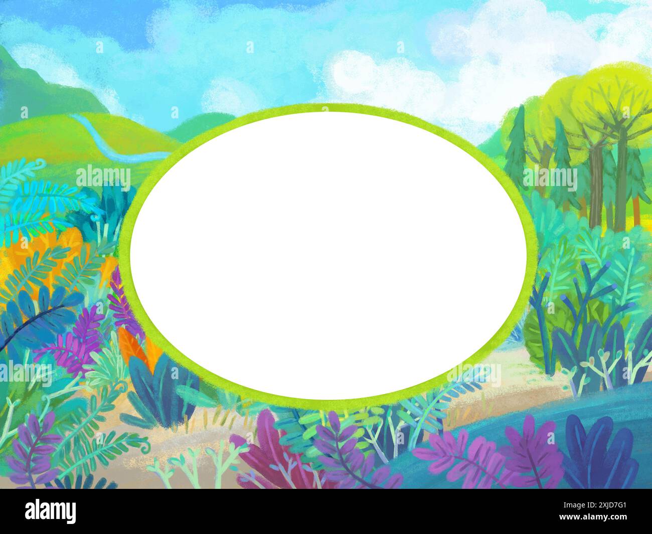cartoon nature scene as frame border template with jungle forest ...