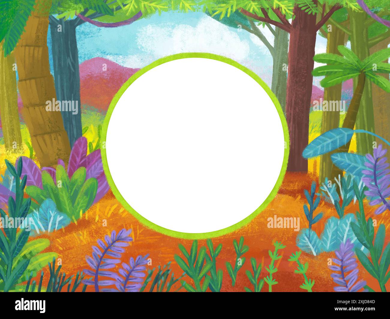 cartoon nature scene as frame border template with jungle forest ...