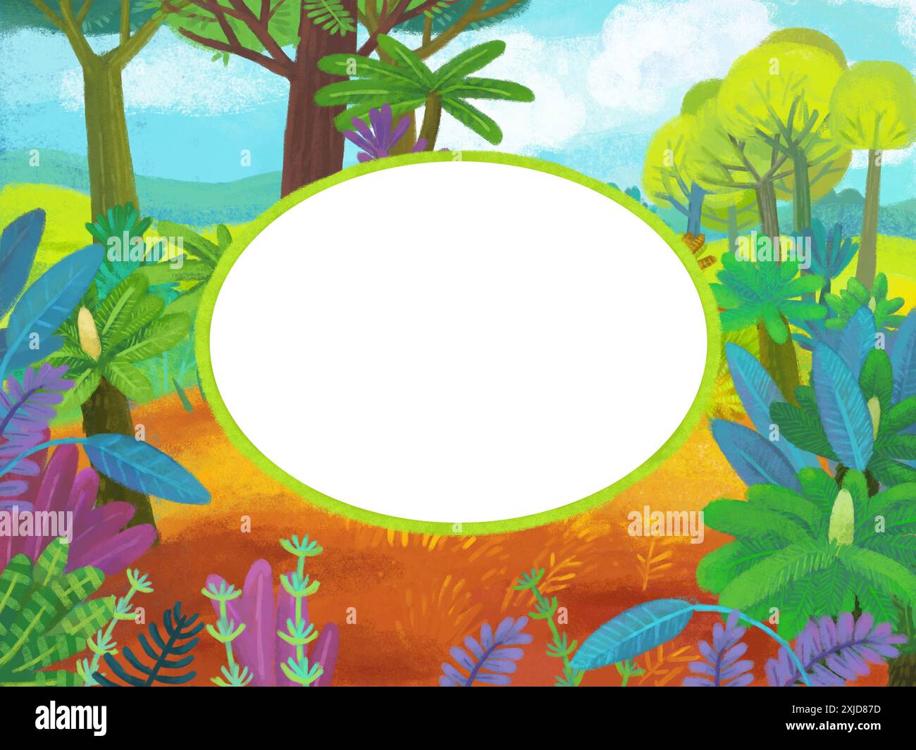 cartoon nature scene as frame border template with jungle forest ...