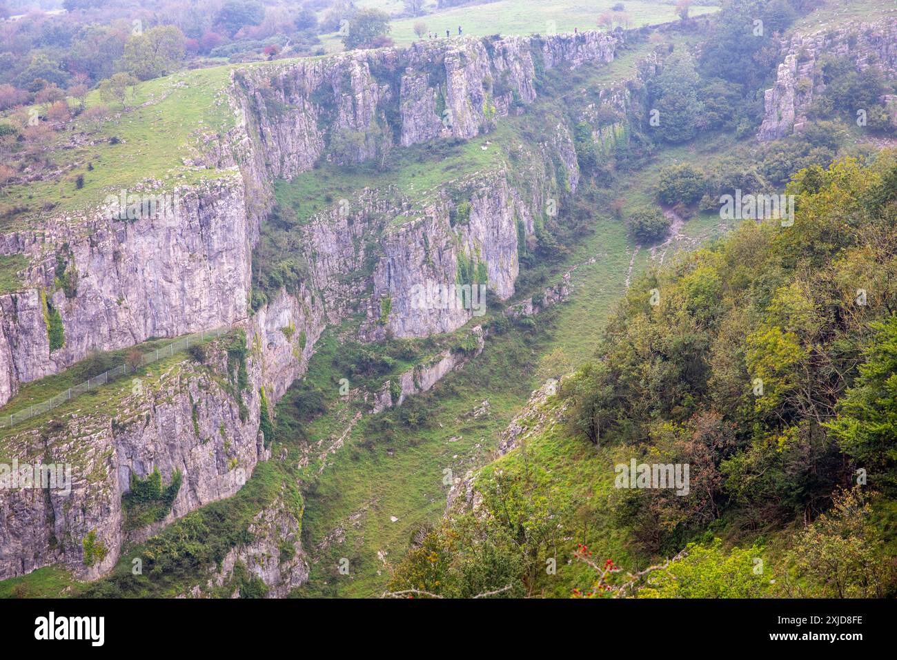 Cheddar gorge and caves, view of limestone gorge from cliff top walk ...
