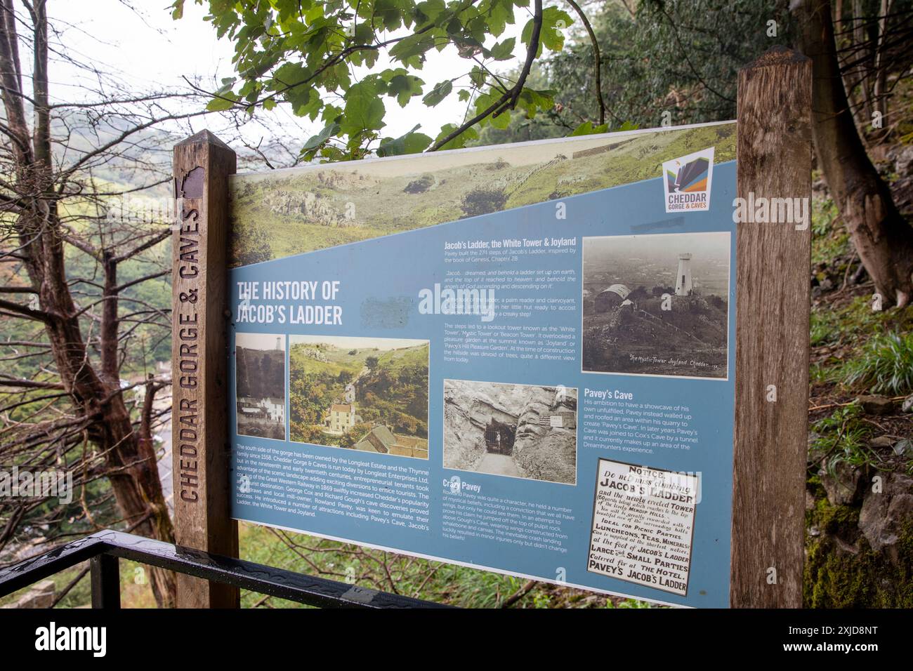 Cheddar Gorge cliff top walk with sign about the history of Jacobs ...