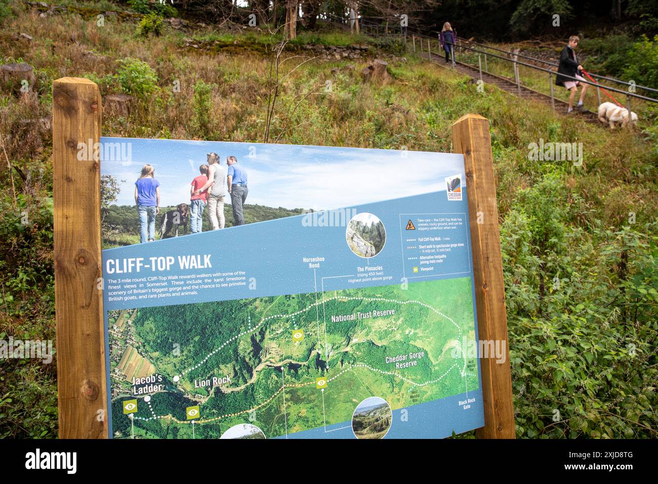 Cheddar gorge and caves, cliff top walk tourist information sign beside ...