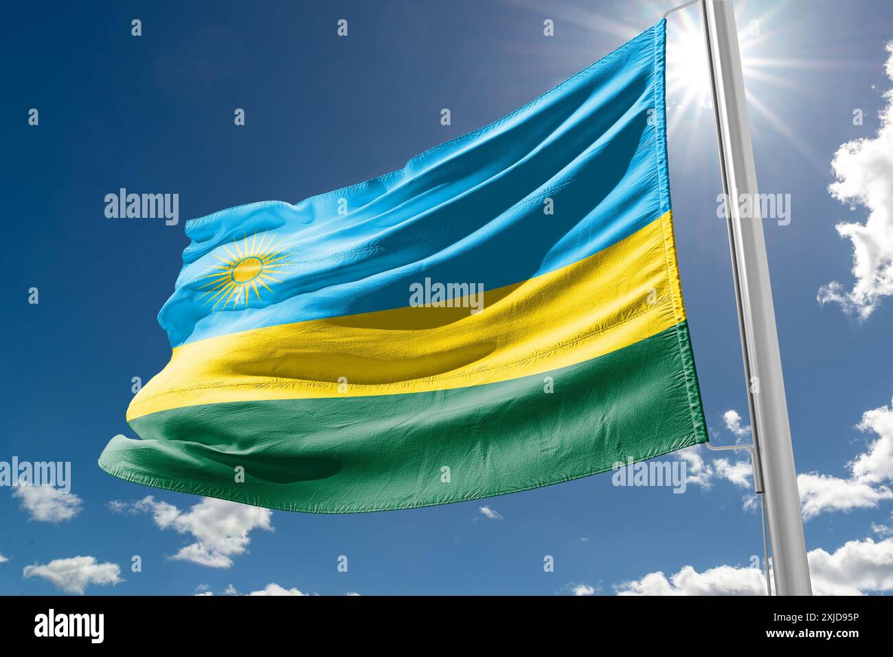 The flag of Rwanda The flag has three colours: blue, yellow, and green ...