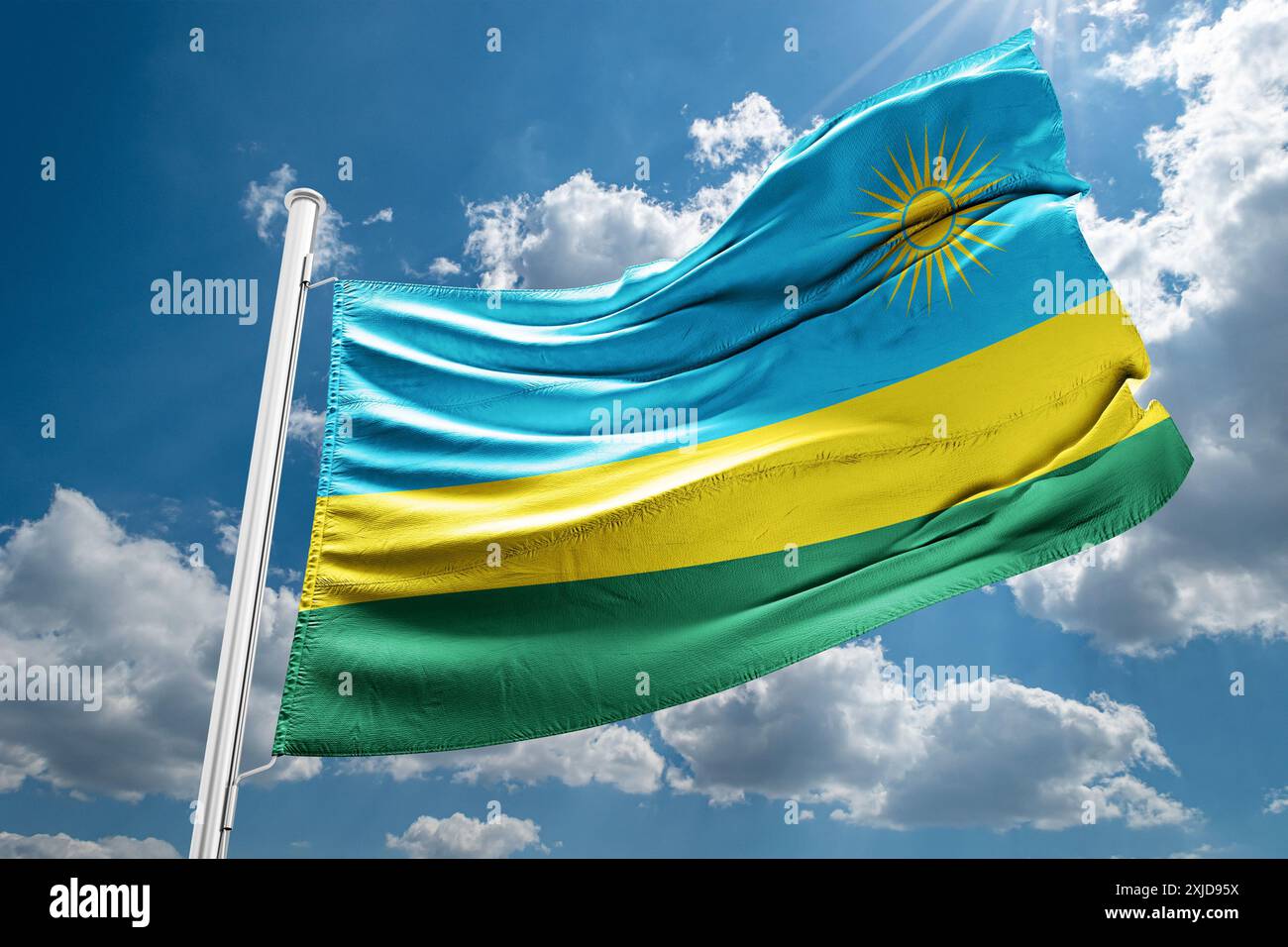 The flag of Rwanda The flag has three colours: blue, yellow, and green ...