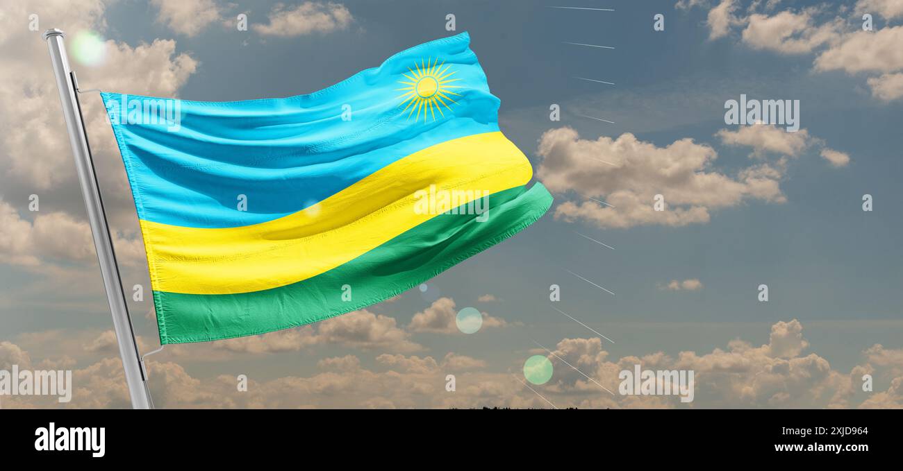 The flag of Rwanda The flag has three colours: blue, yellow, and green ...