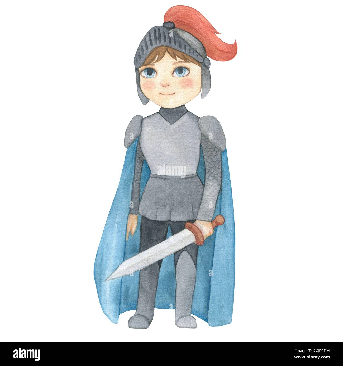 Watercolor illustration of a fantasy prince in blue and gray armor with ...