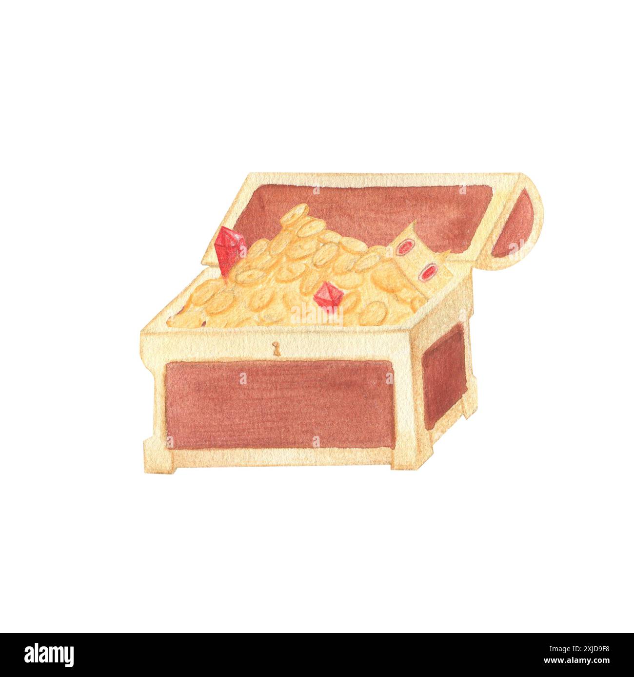 Watercolor illustration of a wooden antique chest with pile of ...