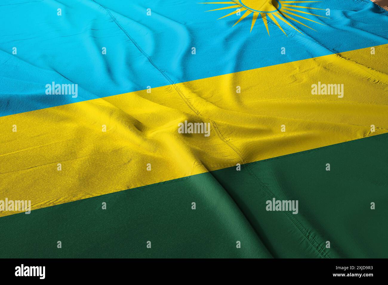 The flag of Rwanda The flag has three colours: blue, yellow, and green ...