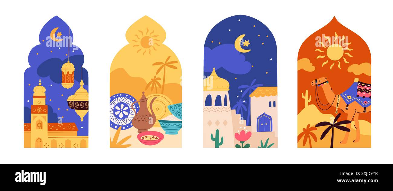 Oriental scenes. Ramadan arch windows. Arabic architectural elements ...