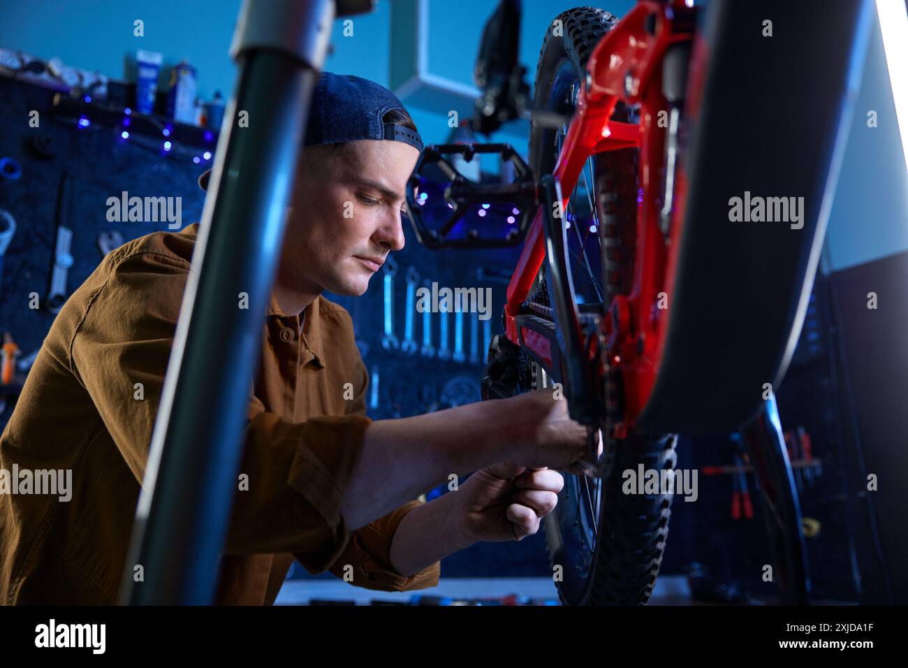 Mechanic performing mountain bike maintenance fixing chain Stock Photo ...