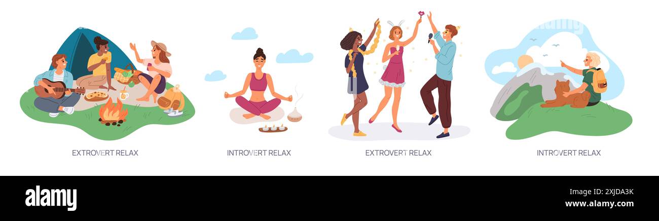 Introvert and extrovert. Sociable or unsocial people. Different ...