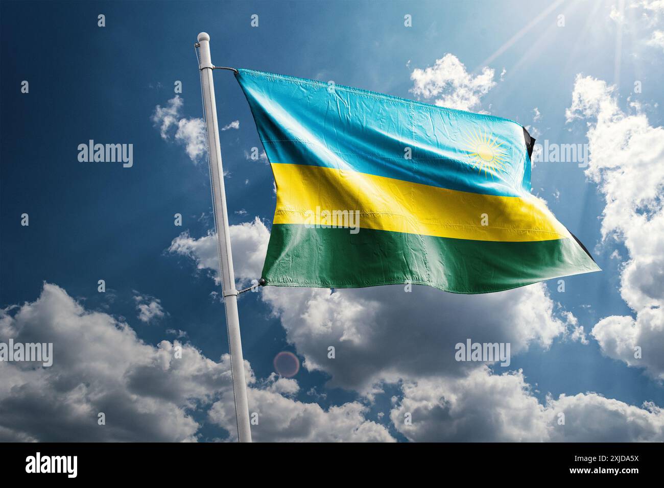 The flag of Rwanda The flag has three colours: blue, yellow, and green ...