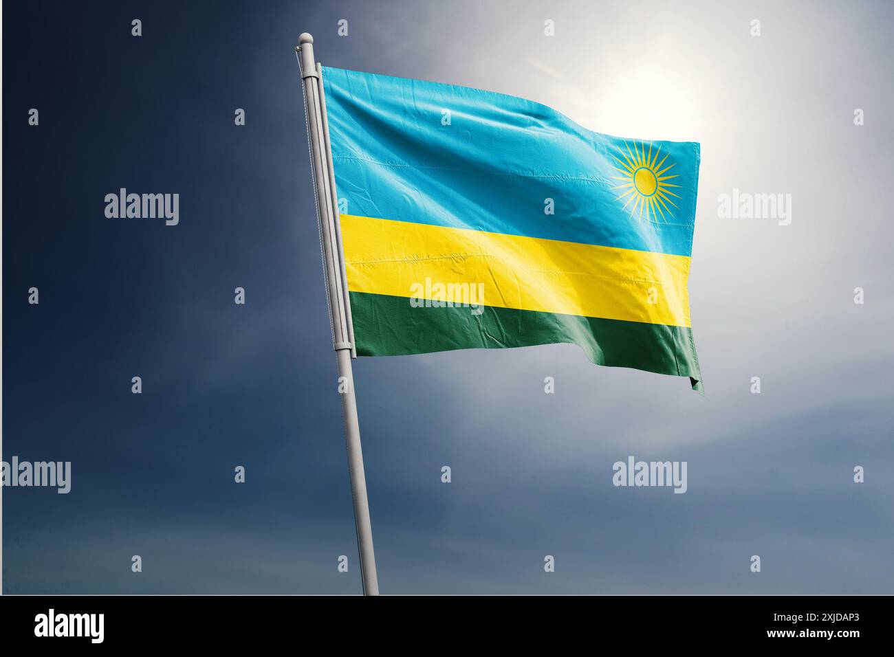 The flag of Rwanda The flag has three colours: blue, yellow, and green ...