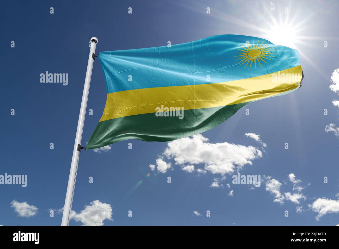 The flag of Rwanda The flag has three colours: blue, yellow, and green ...