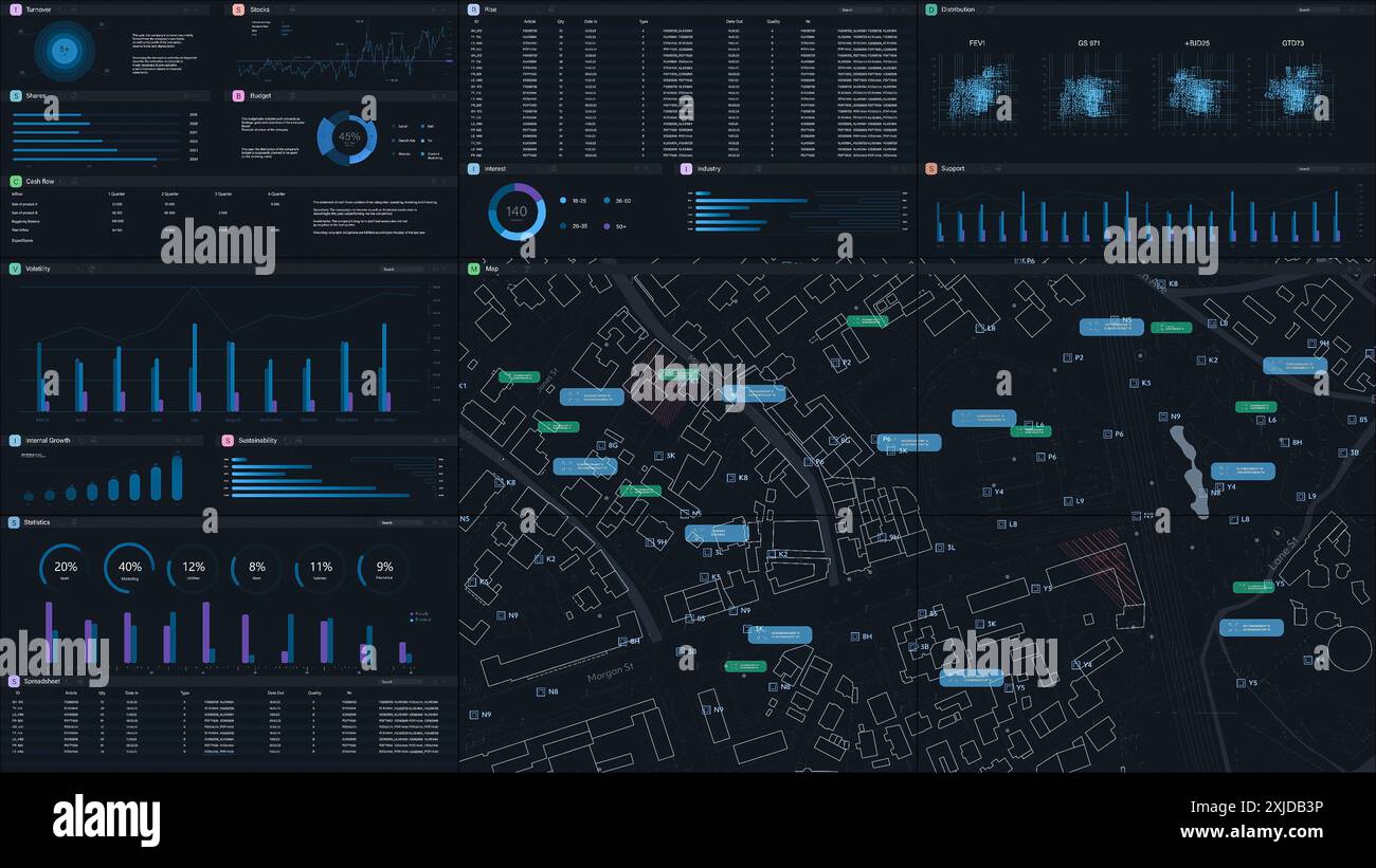 3D Render: Dark Monitoring Software Mockup With City Map Updating In Real Time And Graphs And ...