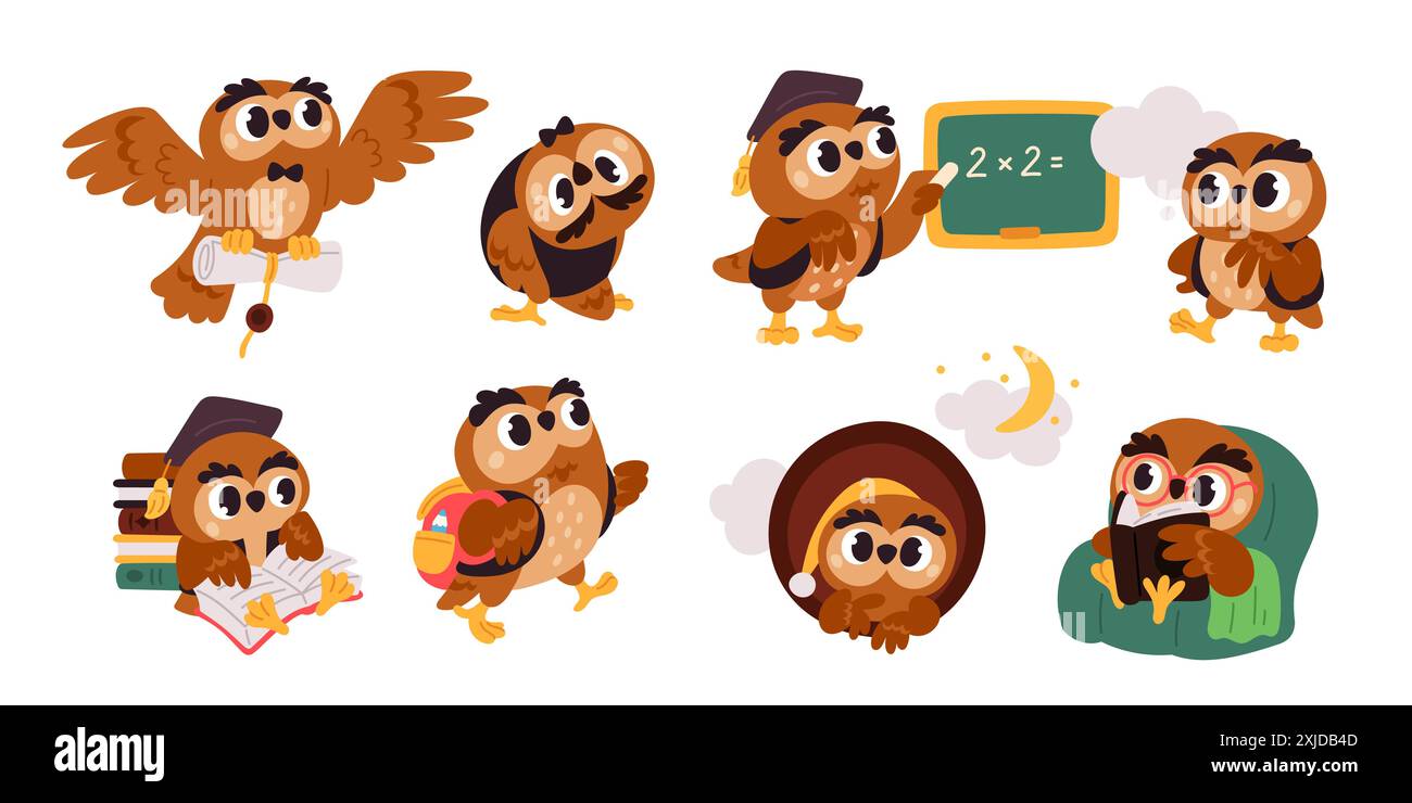 Cute owls. Funny birds. Symbol of wisdom and education. Animal mascots ...