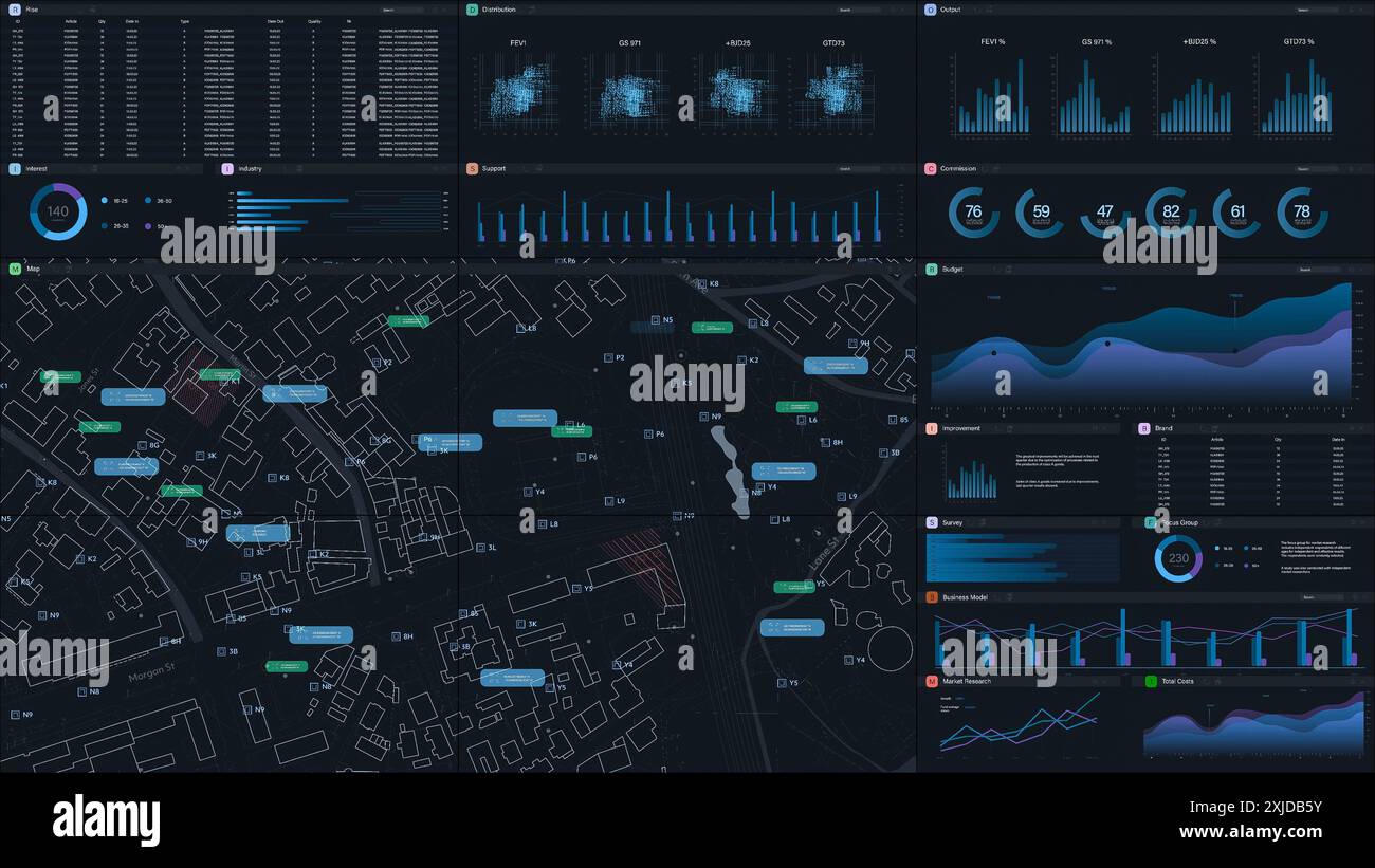 3D Render: Dark Monitoring Software Mockup: City Map Updating In Real ...